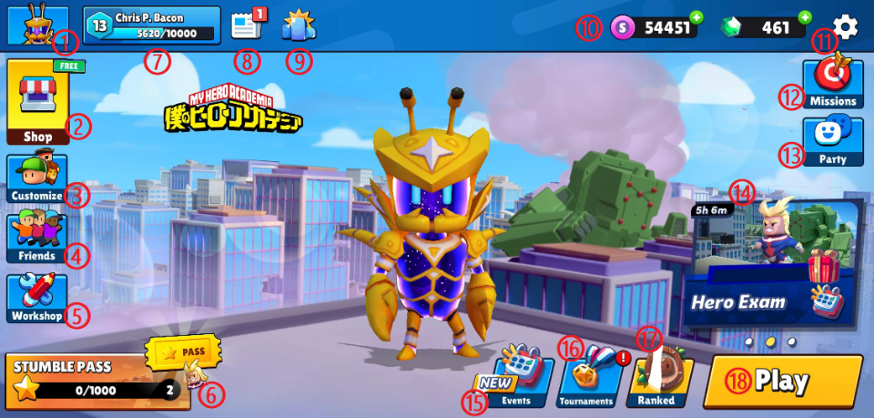 ¿Qué encontraré en la pantalla de inicio? — Stumble Guys Centro de ayuda